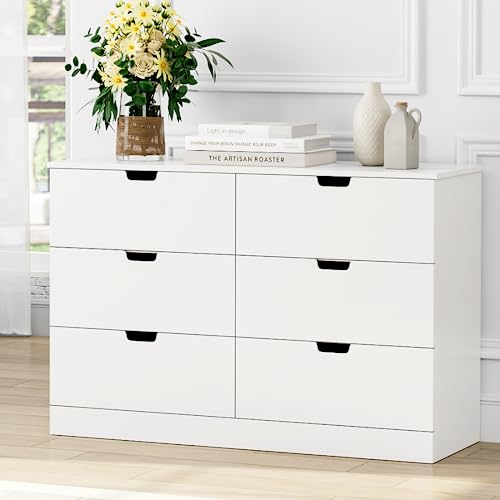 FOTOSOK 6 Drawer Dresser Double Dresser, White Dresser Modern Dresser 6 Chest of Drawers, Wood Storage Organizer Dresser with Cut-Out Handles for Home, Large Drawer Capacity