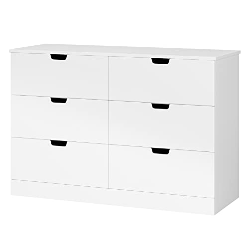 FOTOSOK 6 Drawer Dresser Double Dresser, White Dresser Modern Dresser 6 Chest of Drawers, Wood Storage Organizer Dresser with Cut-Out Handles for Home, Large Drawer Capacity