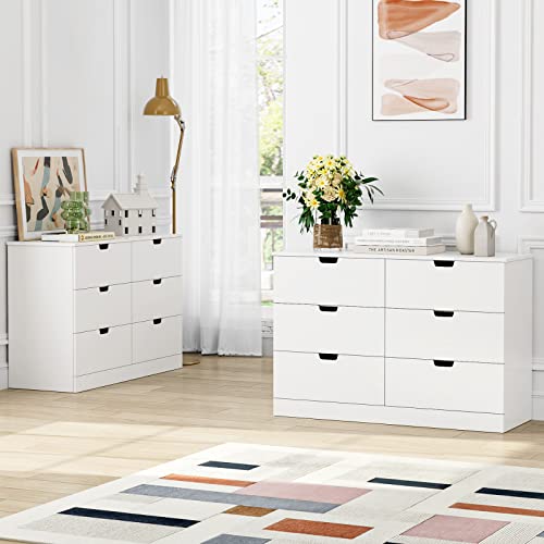 FOTOSOK 6 Drawer Dresser Double Dresser, White Dresser Modern Dresser 6 Chest of Drawers, Wood Storage Organizer Dresser with Cut-Out Handles for Home, Large Drawer Capacity