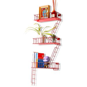 KOTIJOKI Fire Escape Wall Shelf - New York Metal Decorative Shelf with Screwdriver & Screws, Rustic Wall Shelves for Bedroom, Home Décor, Action Figure Display (3-Tier Red Floating Shelves)