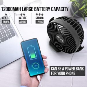 Portable Fan - 65H 12000mAh Tent Fans for Camping - Camping Fan Rechargeable Use As Power Bank, Battery Powered Fan with Hanging Hook, Camping Fans for Tents, Rechargable Fan for Camping, Black