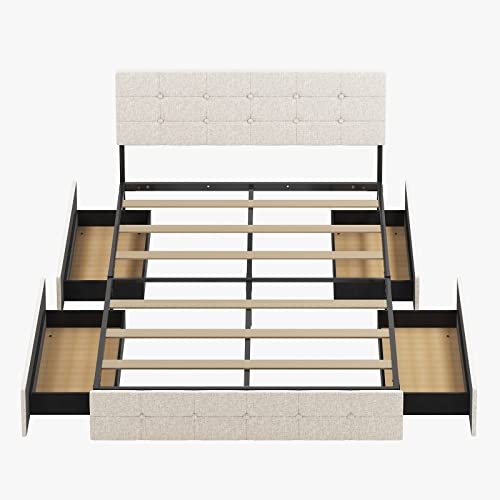 Mjkone Platform Bed Frame with 4 Storage Drawers, Upholstered California King Size Bed Frame with Square Button Tufted Adjustable Headboard, Wood Slat Support/No Box Spring Needed/No Mattress, Beige