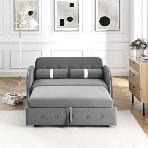 Yuxuanhang Modern 55.5" Pull Out Sleep Sofa Bed, 2 Seater Loveseats Couch with Side Pockets, Adjustable Backrest and Lumbar Pillows for Apartment Office Living Room Bedroom, Grey