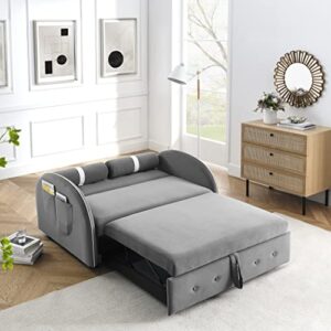 Yuxuanhang Modern 55.5" Pull Out Sleep Sofa Bed, 2 Seater Loveseats Couch with Side Pockets, Adjustable Backrest and Lumbar Pillows for Apartment Office Living Room Bedroom, Grey