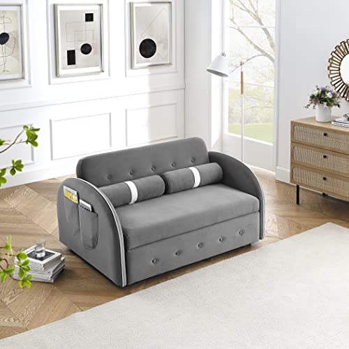 Yuxuanhang Modern 55.5" Pull Out Sleep Sofa Bed, 2 Seater Loveseats Couch with Side Pockets, Adjustable Backrest and Lumbar Pillows for Apartment Office Living Room Bedroom, Grey