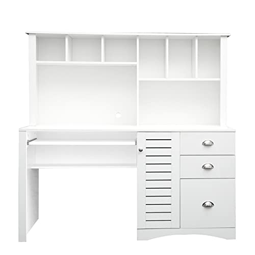 PRODCA Home Office Computer Desk with Hutch, Antiqued White Finish