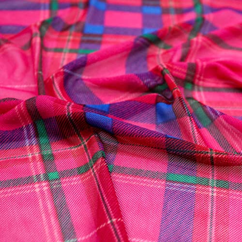 Texco Inc Poly Spandex Checker/Plaid Power Mesh Fabric/4-Way Stretch Knit Prints Athletic Wear Apparel, DIY Fabric, Fuchsia Cobalt 3 Yards