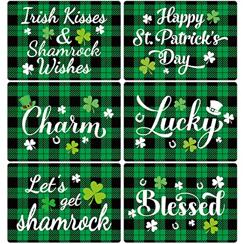 St. Patrick’s Day Placemats Set of 6 Buffalo Plaid Plastic Place Mats Lucky Shamrock Table Mats Blessed Holiday Kitchen Placemats for Indoor Outdoor St. Patrick’s Day Party Dining Table Decoration