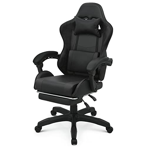 Magshion Gaming Chair with Footrest Headrest & Lumbar Support, Black High Back Ergonomic Video Game Chair Adjustable Height Swivel Leather Computer Chair for Home Office