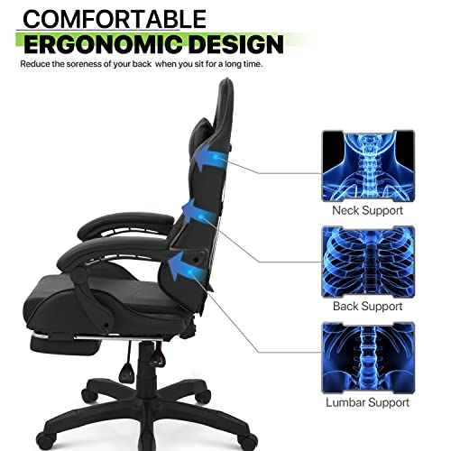 Magshion Gaming Chair with Footrest Headrest & Lumbar Support, Black High Back Ergonomic Video Game Chair Adjustable Height Swivel Leather Computer Chair for Home Office