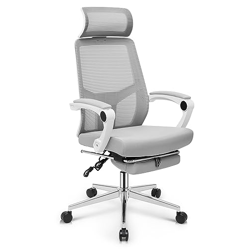 Ergonomic Office Chair with Footrest, High Back Mesh Gaming Desk Chair with Headrest, Swivel Rolling Home Chair with Lumbar Support and Flip-up Armrest, Grey