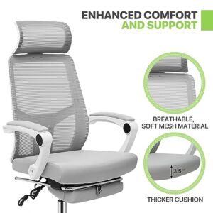 Ergonomic Office Chair with Footrest, High Back Mesh Gaming Desk Chair with Headrest, Swivel Rolling Home Chair with Lumbar Support and Flip-up Armrest, Grey