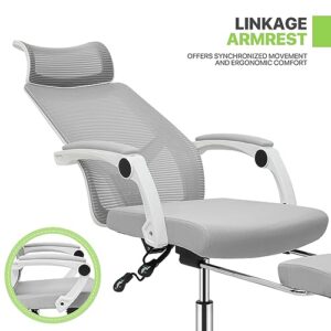 Ergonomic Office Chair with Footrest, High Back Mesh Gaming Desk Chair with Headrest, Swivel Rolling Home Chair with Lumbar Support and Flip-up Armrest, Grey