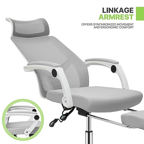 Ergonomic Office Chair with Footrest, High Back Mesh Gaming Desk Chair with Headrest, Swivel Rolling Home Chair with Lumbar Support and Flip-up Armrest, Grey