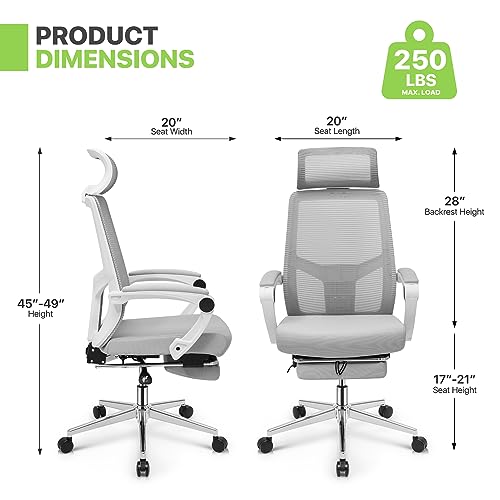 Ergonomic Office Chair with Footrest, High Back Mesh Gaming Desk Chair with Headrest, Swivel Rolling Home Chair with Lumbar Support and Flip-up Armrest, Grey