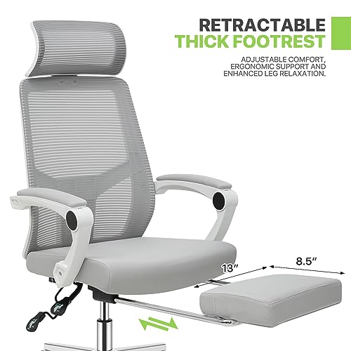 Ergonomic Office Chair with Footrest, High Back Mesh Gaming Desk Chair with Headrest, Swivel Rolling Home Chair with Lumbar Support and Flip-up Armrest, Grey