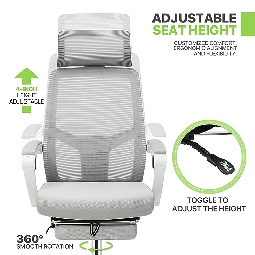 Ergonomic Office Chair with Footrest, High Back Mesh Gaming Desk Chair with Headrest, Swivel Rolling Home Chair with Lumbar Support and Flip-up Armrest, Grey