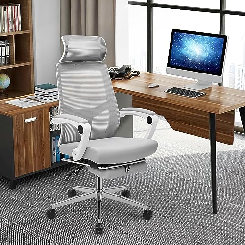 Ergonomic Office Chair with Footrest, High Back Mesh Gaming Desk Chair with Headrest, Swivel Rolling Home Chair with Lumbar Support and Flip-up Armrest, Grey