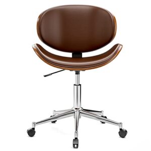 OKAKOPA Modern Office Chair, Leather Desk Chair Armless, 360° Swivel Height Adjustable w/Wheels Curved Seat Small Office Chair Wood Desk Chairs Brown