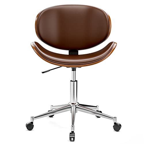 OKAKOPA Modern Office Chair, Leather Desk Chair Armless, 360° Swivel Height Adjustable w/Wheels Curved Seat Small Office Chair Wood Desk Chairs Brown