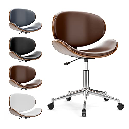 OKAKOPA Modern Office Chair, Leather Desk Chair Armless, 360° Swivel Height Adjustable w/Wheels Curved Seat Small Office Chair Wood Desk Chairs Brown