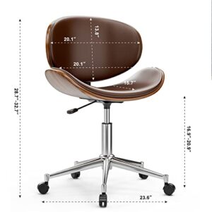 OKAKOPA Modern Office Chair, Leather Desk Chair Armless, 360° Swivel Height Adjustable w/Wheels Curved Seat Small Office Chair Wood Desk Chairs Brown