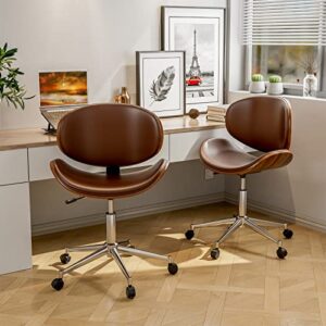 OKAKOPA Modern Office Chair, Leather Desk Chair Armless, 360° Swivel Height Adjustable w/Wheels Curved Seat Small Office Chair Wood Desk Chairs Brown