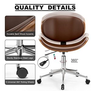 OKAKOPA Modern Office Chair, Leather Desk Chair Armless, 360° Swivel Height Adjustable w/Wheels Curved Seat Small Office Chair Wood Desk Chairs Brown