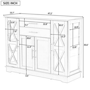 SEASD Functional Sideboard with Tempered Glass Large Storage Space Adjustable Shelf Buffet (White/Black)