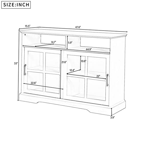 SEASD Kitchen Sideboard Buffet with 2 Glass Sliding Doors and Adjustable Shelves Storage Cabinet for Dining Room