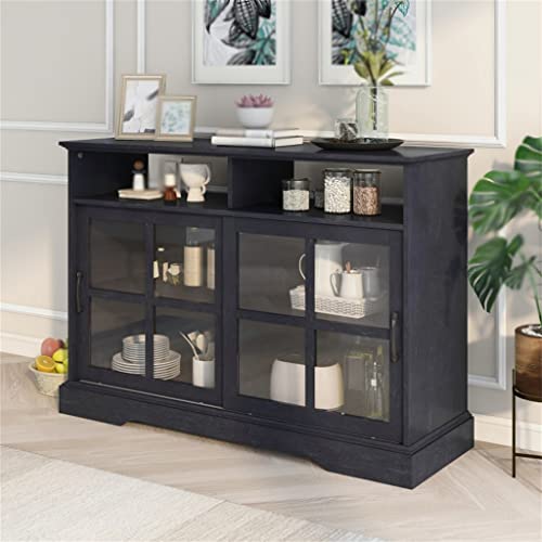 SEASD Kitchen Sideboard Buffet with 2 Glass Sliding Doors and Adjustable Shelves Storage Cabinet for Dining Room