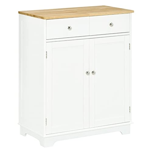 SEASD Kitchen Storage Cabinet, Sideboard Floor Cupboard with Solid Wood Top, Adjustable Shelf, and 2 Drawers