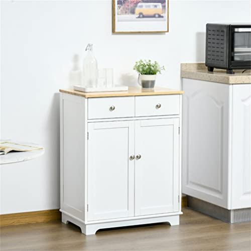 SEASD Kitchen Storage Cabinet, Sideboard Floor Cupboard with Solid Wood Top, Adjustable Shelf, and 2 Drawers