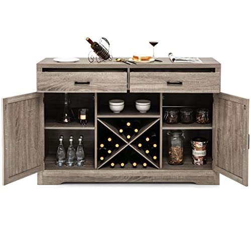 SEASD Kitchen Storage Buffet Farmhouse Wooden Sideboard with 2 Drawers and Wine Rack