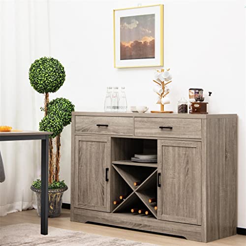 SEASD Kitchen Storage Buffet Farmhouse Wooden Sideboard with 2 Drawers and Wine Rack