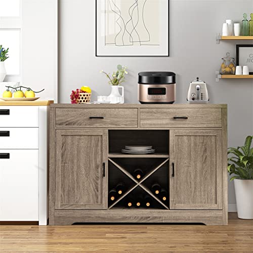 SEASD Kitchen Storage Buffet Farmhouse Wooden Sideboard with 2 Drawers and Wine Rack