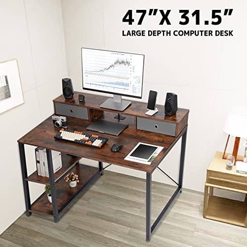 TOPSKY 47”x 31.5” Computer Desk with Drawers, Monitor Stand, Storage Shelf, 3-Port Charging Station (Rustic Brown)