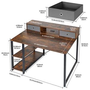 TOPSKY 47”x 31.5” Computer Desk with Drawers, Monitor Stand, Storage Shelf, 3-Port Charging Station (Rustic Brown)