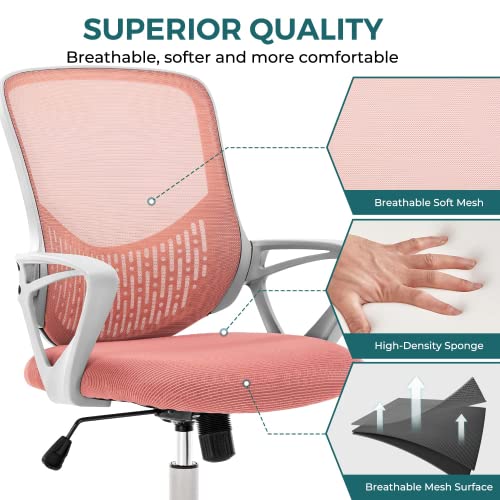 JHK Ergonomic Office Mesh Computer Desk Lumbar Support Armrest, Executive Height Adjustable Mid Back Swivel Task Chair for Adults Women, Pink, Fixed