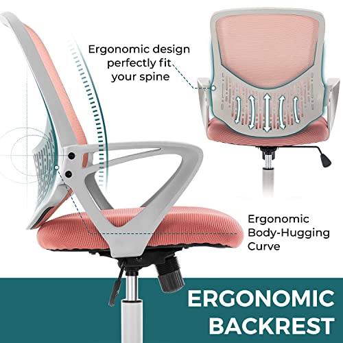 JHK Ergonomic Office Mesh Computer Desk Lumbar Support Armrest, Executive Height Adjustable Mid Back Swivel Task Chair for Adults Women, Pink, Fixed