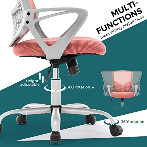 JHK Ergonomic Office Mesh Computer Desk Lumbar Support Armrest, Executive Height Adjustable Mid Back Swivel Task Chair for Adults Women, Pink, Fixed