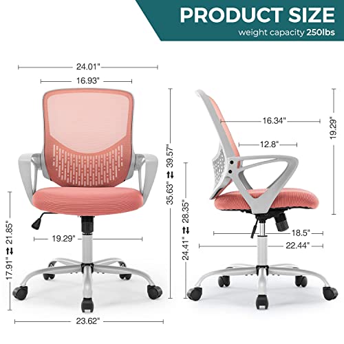 JHK Ergonomic Office Mesh Computer Desk Lumbar Support Armrest, Executive Height Adjustable Mid Back Swivel Task Chair for Adults Women, Pink, Fixed