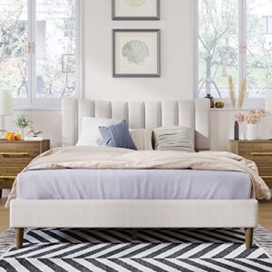 Merax Modern Upholstered Plattform Bed with High Wingback Wood Bed Frame No Box Spring Needed Queen Cream