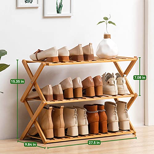 Hanari 3-Tier No Installation Shoe Rack, Foldable Shoe Organizer for Entryway and Closet, Natural Bamboo Shoe Shelf.(Natural)