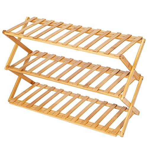 Hanari 3-Tier No Installation Shoe Rack, Foldable Shoe Organizer for Entryway and Closet, Natural Bamboo Shoe Shelf.(Natural)