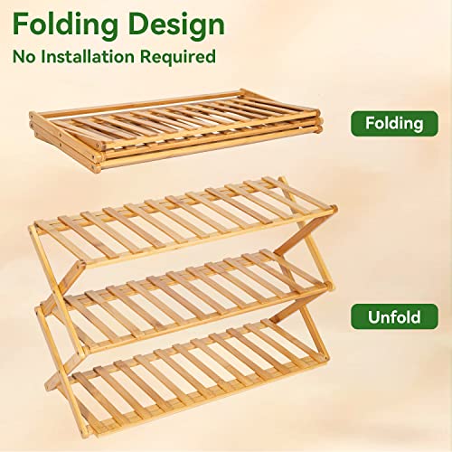 Hanari 3-Tier No Installation Shoe Rack, Foldable Shoe Organizer for Entryway and Closet, Natural Bamboo Shoe Shelf.(Natural)