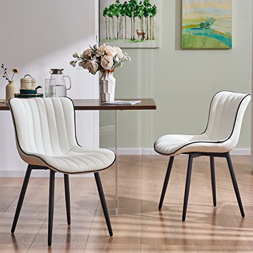 YOUNIKE Dining Chairs Set of 2 Upholstered Kitchen Dining Room Chair Mid Century Modern White PU Leather Chair with Metal Legs Wide Seat