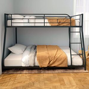 CITYLIGHT Metal Bunk Bed Twin Over Full Size, Heavy Duty Floor Bunk Beds Frame with Security Guardrail and Ladder for Adults, Teens, Kids, Dormitory, Bedroom, No Box Spring Needed, Black