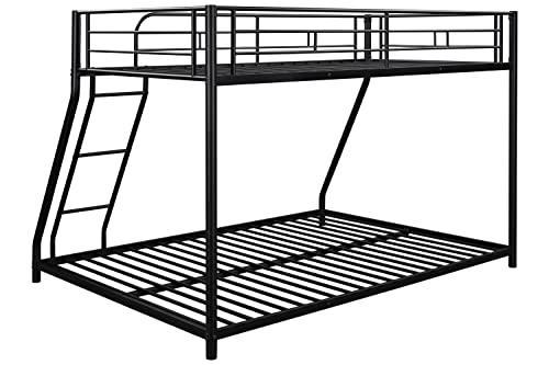 CITYLIGHT Metal Bunk Bed Twin Over Full Size, Heavy Duty Floor Bunk Beds Frame with Security Guardrail and Ladder for Adults, Teens, Kids, Dormitory, Bedroom, No Box Spring Needed, Black