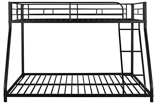 CITYLIGHT Metal Bunk Bed Twin Over Full Size, Heavy Duty Floor Bunk Beds Frame with Security Guardrail and Ladder for Adults, Teens, Kids, Dormitory, Bedroom, No Box Spring Needed, Black